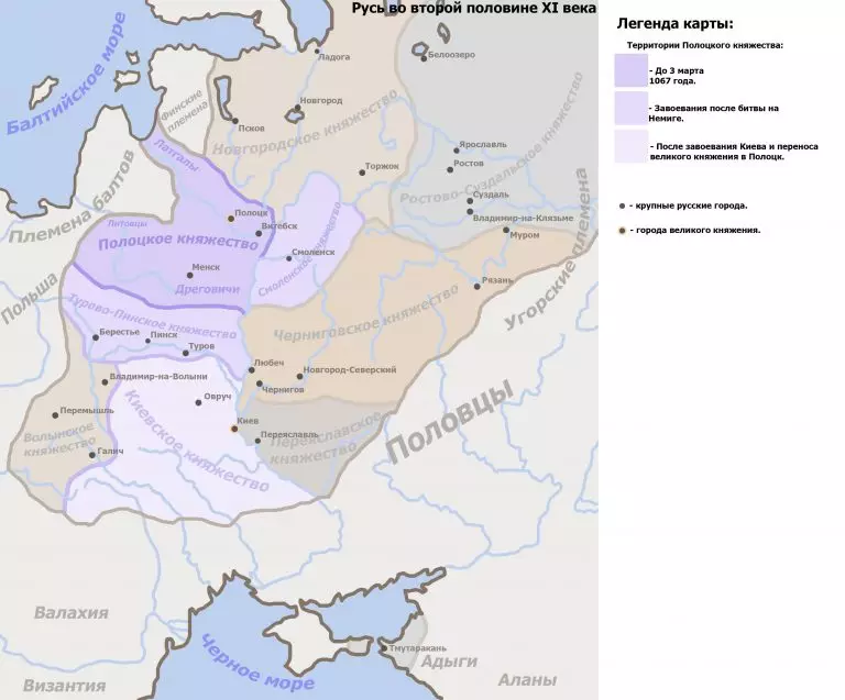 Kaart vun Russland mat engem alternative Resultat, wou Touimvirate Yaroslavichi eng Néierlag aus Polotsk leiden