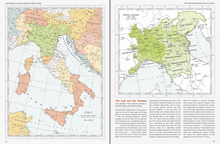 Carte du Grand-Duché de Milna au moment de la mort de la duchesse. Il contient les dates de la conquête des régions qui est venu dans le duché dans les résultats de son conseil d'administration.