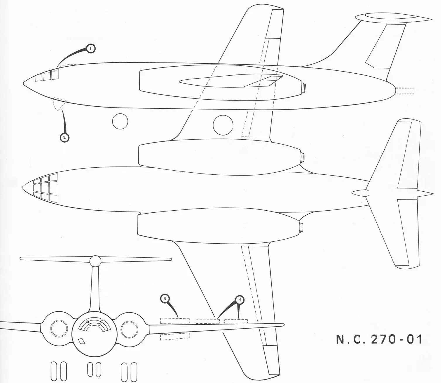 схема прататыпа хуткаснага бамбавіка NC-270-01. 1) Суцэльны лініяй паказаны ліхтар кабіны ў першапачатковым праекце. Ліхтар, які меў больш класічныя формы, павінен быў быць усталяваны на этапе пабудовы прататыпа. 2) Адкрытая дзверцы кабіны стварала тое дефлекторный шчыток, палягчаць эвакуацыю з парашутам. 3) Паветраныя тормазы. 4) Интерцепторы, спалучаныя з элеронамі малога размаху