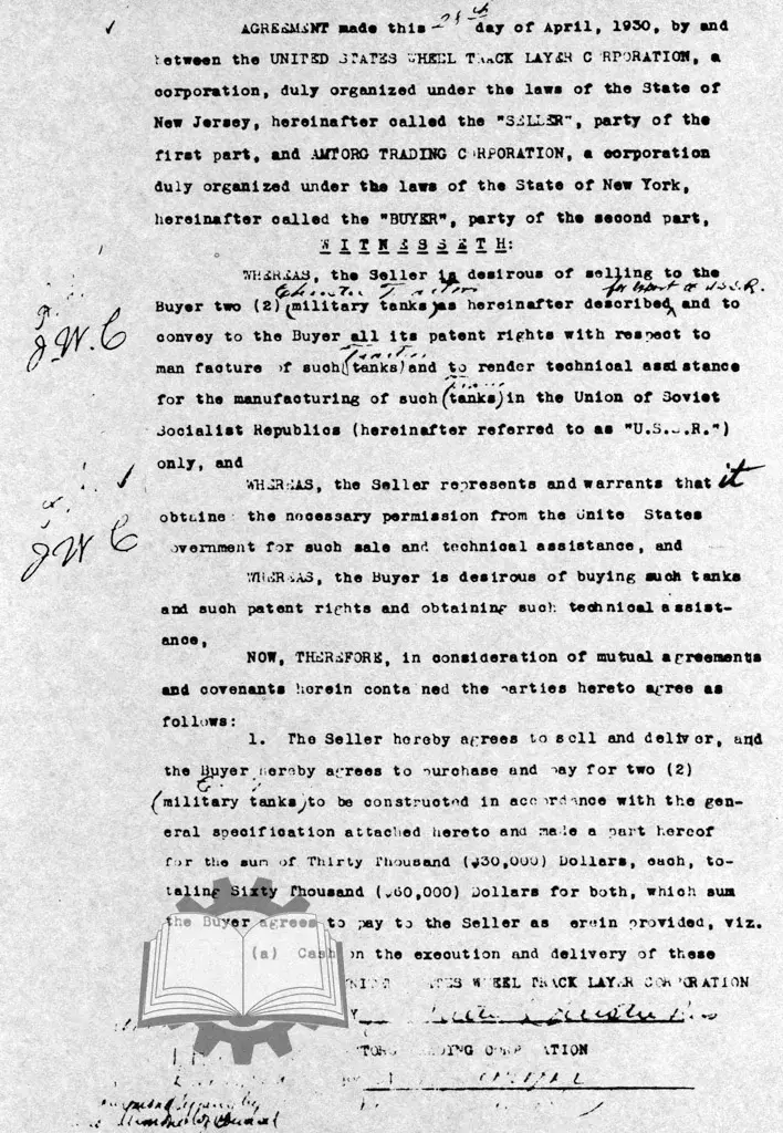 Il contratto per la fornitura di Amtorg Trading Corporation di due carri armati, firmata il 28 aprile 1930