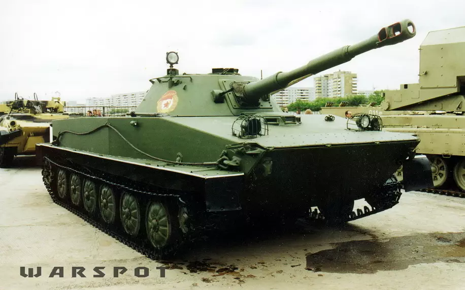 Modernized during overhaul PT-76B from the collection of the Museum of armored vehicles in Kubinka. military technology exhibition, technology and weaponry - 2002 in Omsk