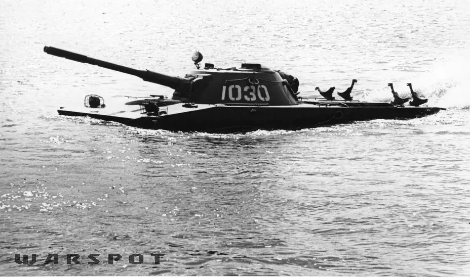 PT-76 of the reconnaissance battalion of the 2nd Guards Motor Store Division afloat. Well visible brackets of additional 90-liter tanks