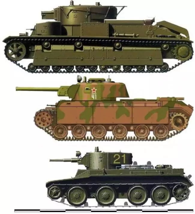 (Tank T-28, T-31m2 ak BT-5 sou yon sèl echèl)