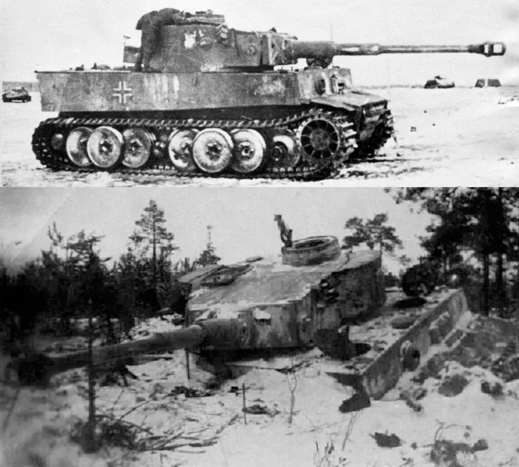 One broke, the second lost. Broken pz.kpfw.tiger ausf.e with a tower number 121, and a commander-off