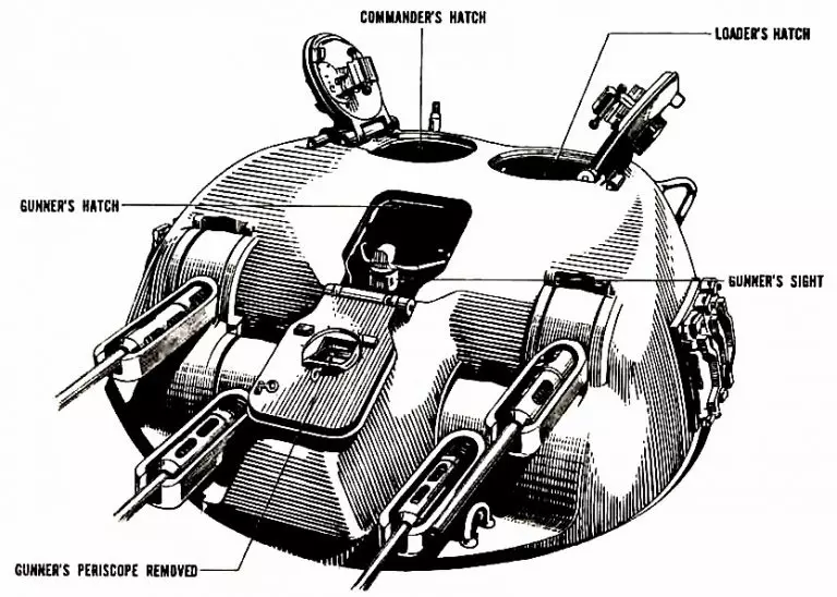 Turn hringrás með opnum hatches. Eins og þú sérð, í þessari stöðu, gunner situr rétt fyrir framan opinn lúga var mjög viðkvæm.