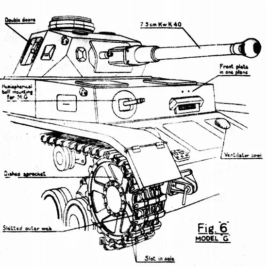 Skeċċ pz.kpfw.iv ausf.g. Minn verżjonijiet preċedenti, it-tank huwa distint minn bokkaporti tal-ġenb doppju fit-torri, pistola ta '7.5 cm Kwk 40, unità ġdida ta' pistola tal-magna emisferika, lebbook ta 'boxed dritta, toqob tal-ventilazzjoni fil-bokkaporti ta' gerijiet abbord, roti ewlenin ġodda u slots fil-passaġġi tracked