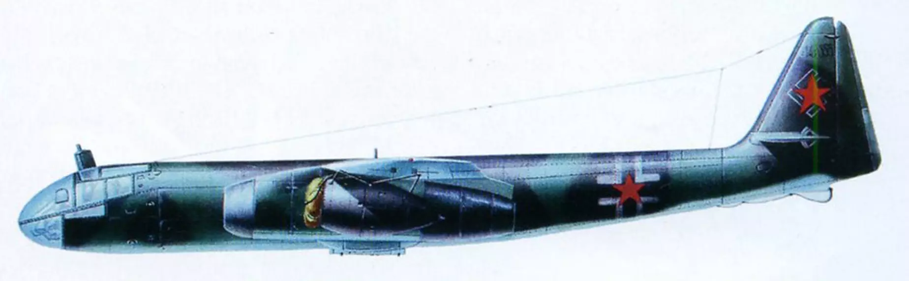 El perfil de color del ARADO ARLADO AR 234 B-2, que se probó en Rehlin a principios de 1946. En el avión sobre los signos de identificación alemanes de estrellas rojas.