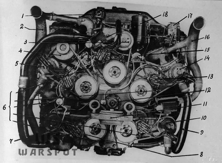 Chrysler A57 Întreținerea motorului multibank sa transformat într-un coșmar pentru echipaj. Această fotografie prezintă mesagerul de la unitățile la pompe de apă. Serviți acest nod fără a dezmembra motorul a fost imposibil