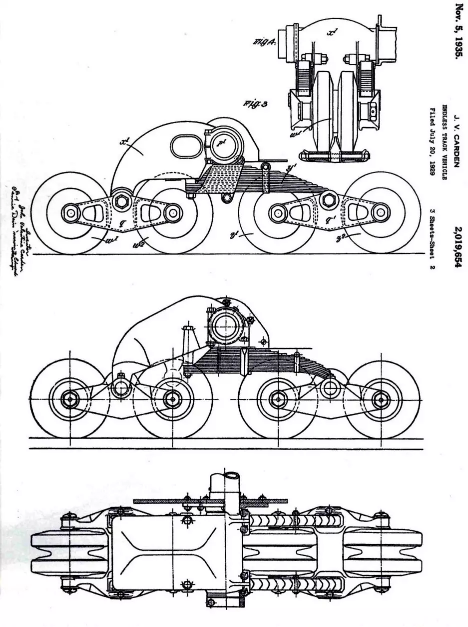 Ny tetik'ireo troli ny chassis an'ny tank "Vickers 6-tonne". Top - kamiao tsy voasakana avy amin'ny American Patent J. Carden No. 2.019.654 nanomboka tamin'ny 1935