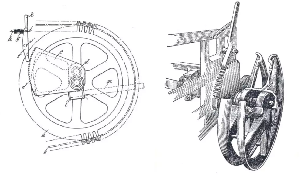 Kufunga gurudumu la mwongozo wa vickers 6-tonne tank. Juu - utaratibu wa kamba ya kurekebisha mvutano wa kikapu kutoka kwa Amerika Patent J. Carden No. 1852.768 kutoka 1932