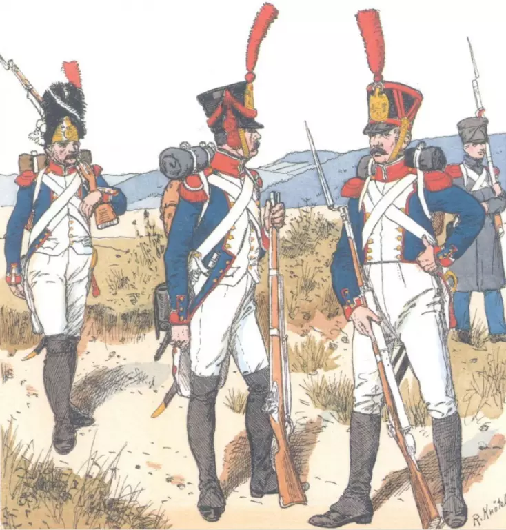 AmaGrenadiers of the French Linear Infantry. Ifomu lezingubo (ukusuka kwesobunxele liye kwesokudla) 1806th, 1808, 1812 (ehlobo nobusika)