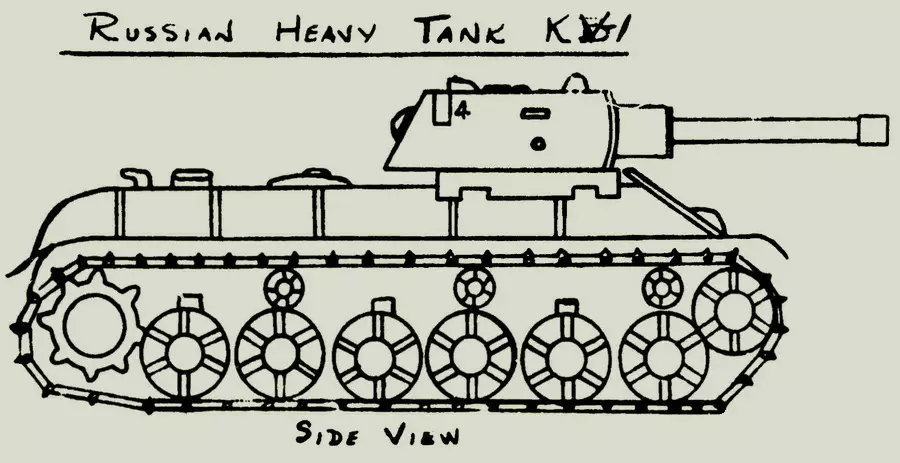 "Rus Ağır Tank KV-1" nin iyileştirilmiş şeması. Yazarın ilk önce Latince'in adını yazdığını, Latince "B" üzerindeki doğru harfi "V" yazdığını unutmayın. Bu tür hatalar İngilizce konuşan belgelerde oldukça yaygındı.