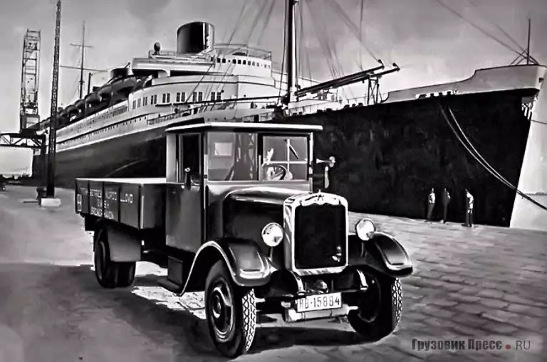 У порце Брэмена: флагманскі карабель суднаходнай кампаніі Norddeutscher Lloyd - «Брэмен» і папулярны 2,5-тонны грузавік з аўтапарка гэтай жа кампаніі - Hansa-Lloyd HL-Express, 1928 г.