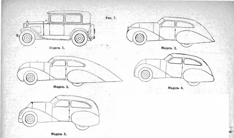 Aerodinaminio vamzdžio išvalymo modelių variantai. 1 - serijos dujos-A; 2 - būsimas prototipas; 3,4,5 - Kitos aerodinaminės išdėstymo parinktys. Žurnalo grafika