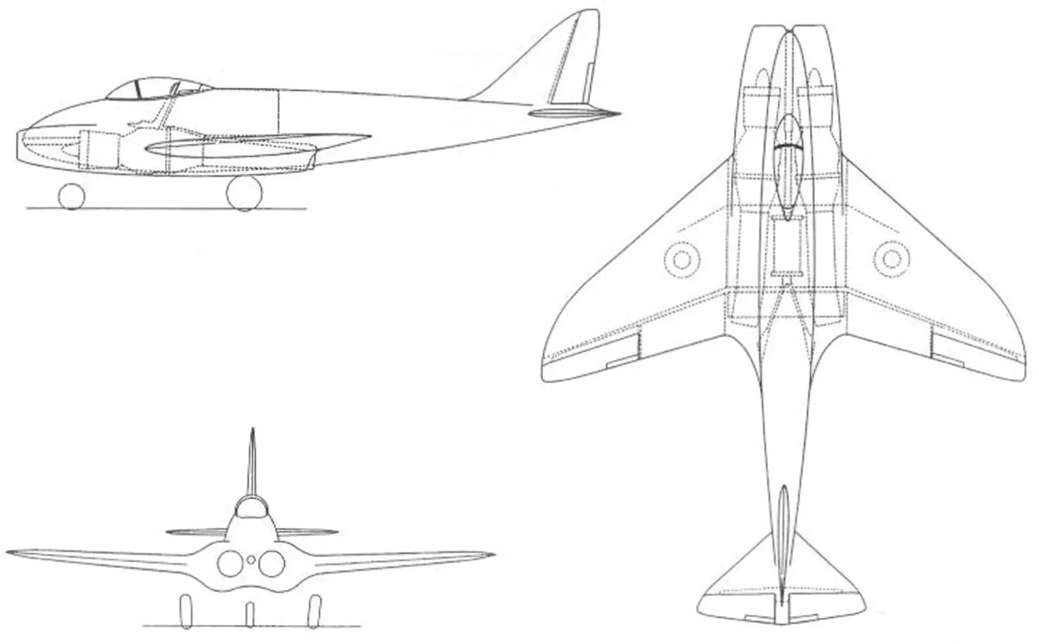 схема першапачатковага варыянту праекта знішчальніка Hawker P.1054 (верасень 1946 году; BAe Famborough)