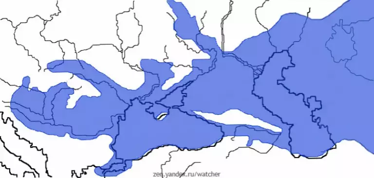 Sarmatian teku a lokacin matsakaicin lokacin, tare da tsibiran Crimea da Caucasus. An cika shi, ana gurbata shi da kudin kogin na tafkin.