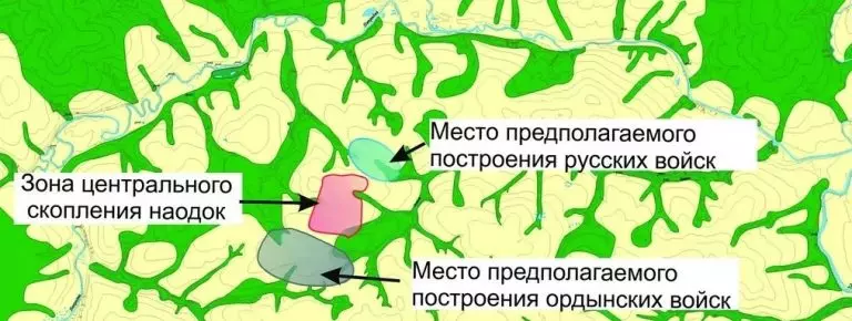 Il luogo di truppe di dispiegazione e il luogo stimato degli studiosi (sul cluster dei reperti). Fonte: pagina O. Twirechensky in VK.