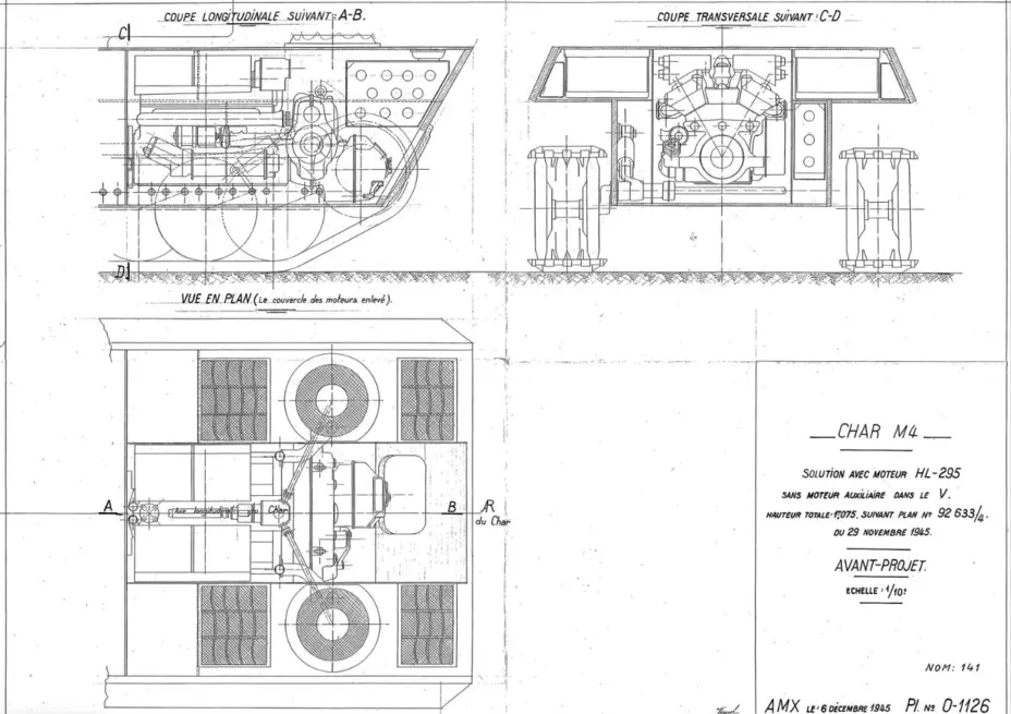 Uno dei primi disegni di AMX 45. Lo chassis per tipo Panthers e la trasmissione con trasmissioni separate a bordo della serie E hanno un atteggiamento molto distante. (https://www.memoredshommes.sga.defense.gouv.fr/)