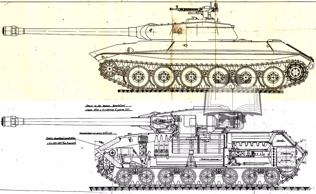 Van bovenaf is het project van verbeterd - 6 onder het object 257, het is de eerste IS-7. Tot de vraag waar de IS-7 vandaan komt