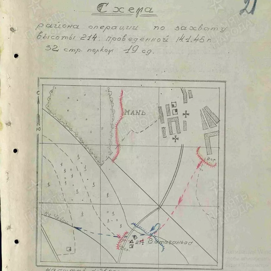 Schéma de la Compagnie de fusil d'action du 32e SP de la 19ème division d'infanterie 14 janvier, pendant la hauteur de l'attaque 214