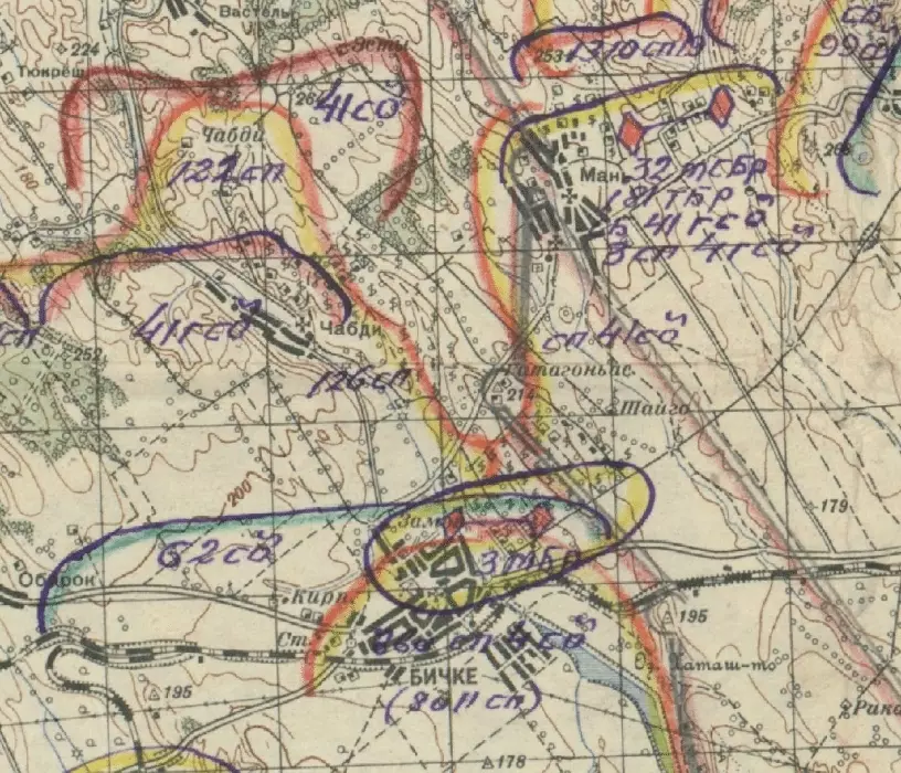 Fragment de la carte avec la position des pièces soviétiques dans la ville de Bichke