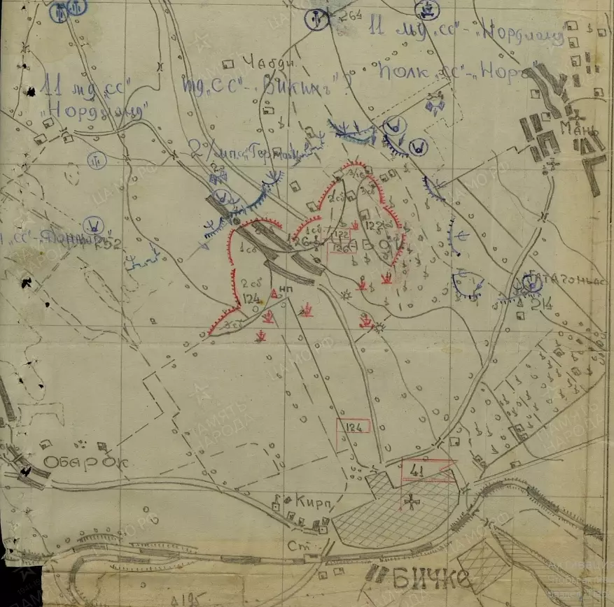 Position des parties du 41ème GW.SD de Schabdi le 9 janvier 1945. En raison de la présence à l'avant des bataillons des régiments du SS "Danemark" et "Norvège", le régime marquait la division SS "Nordland", qui était à ce moment-là à Kurlendia