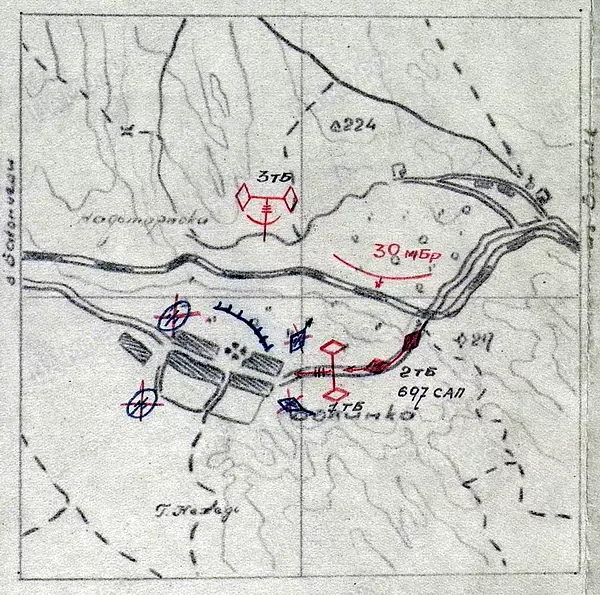 Ordning af angrebet af landsbyen Balinka Forces på 9 GV MK. I forbindelse med smalle bjergveje, drej tankens brigade for at bekæmpe orden var umulig