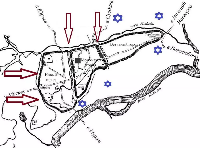 7. februar 1238. Rød-retninger av angrep. Blåhestens braces av mongoler