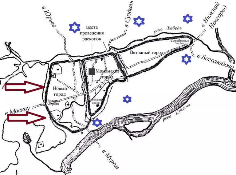 Rød - retningen av stormen av vladimir. Blå - Mongolske ridesår