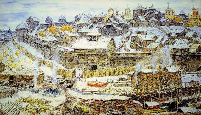 Kom Moscow 1238 anni. Collina e forte muro con un potente saggio con l'ingresso