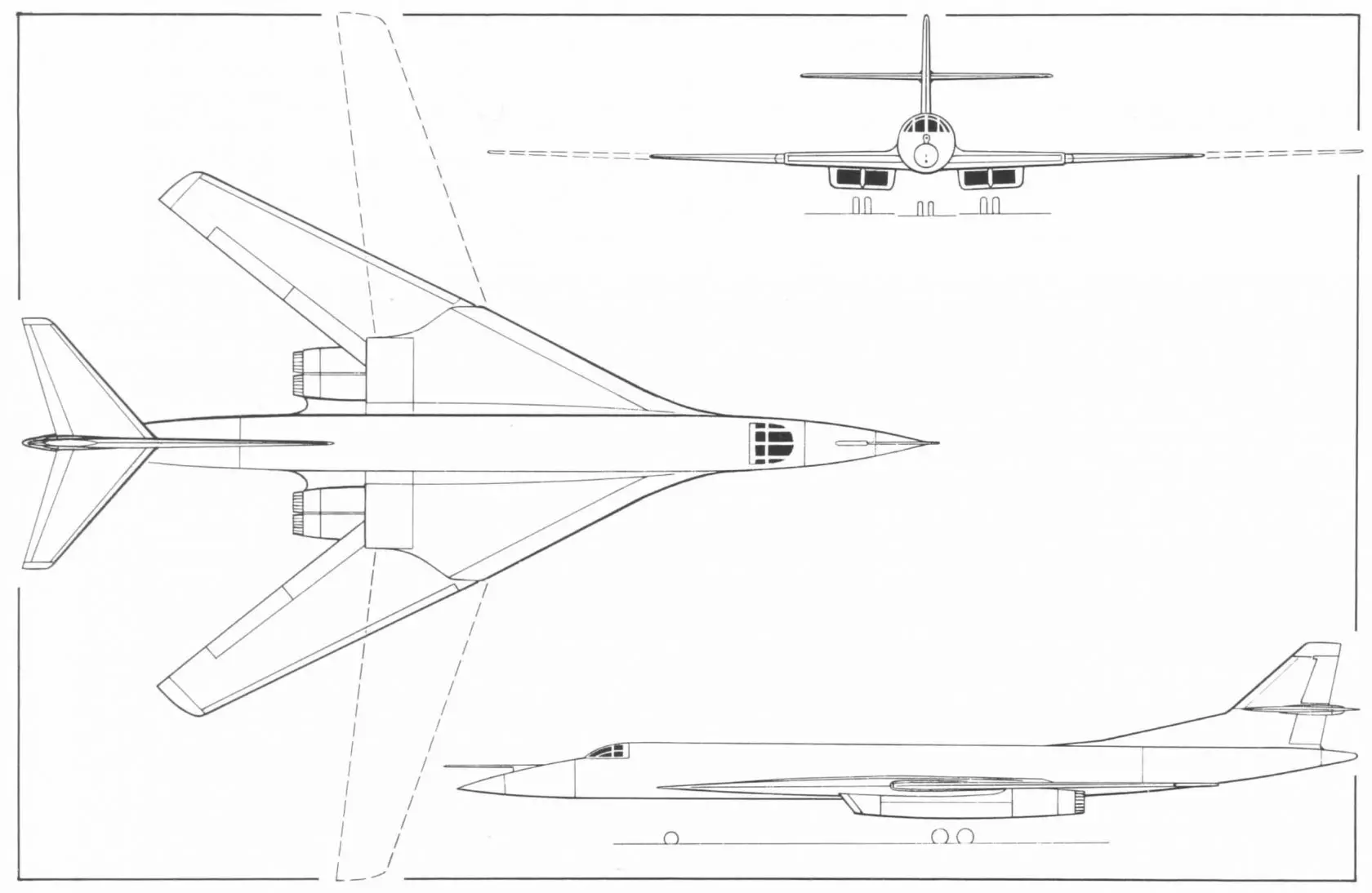 Cynllun rhagarweiniol y bomiwr strategol newydd o ddyluniad KB Tupolev, a dderbyniodd Dynodiad Cod Blackjack yn NATO (Peilot Press)