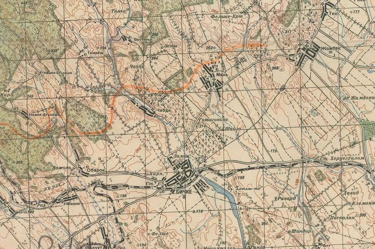 Fragment van die kaart met die gebied van die stad van Bichke. Hoogte 214 Met die Here Ghatagonias Dvor is oor in die middel, tussen die teef en die dorpie Mag