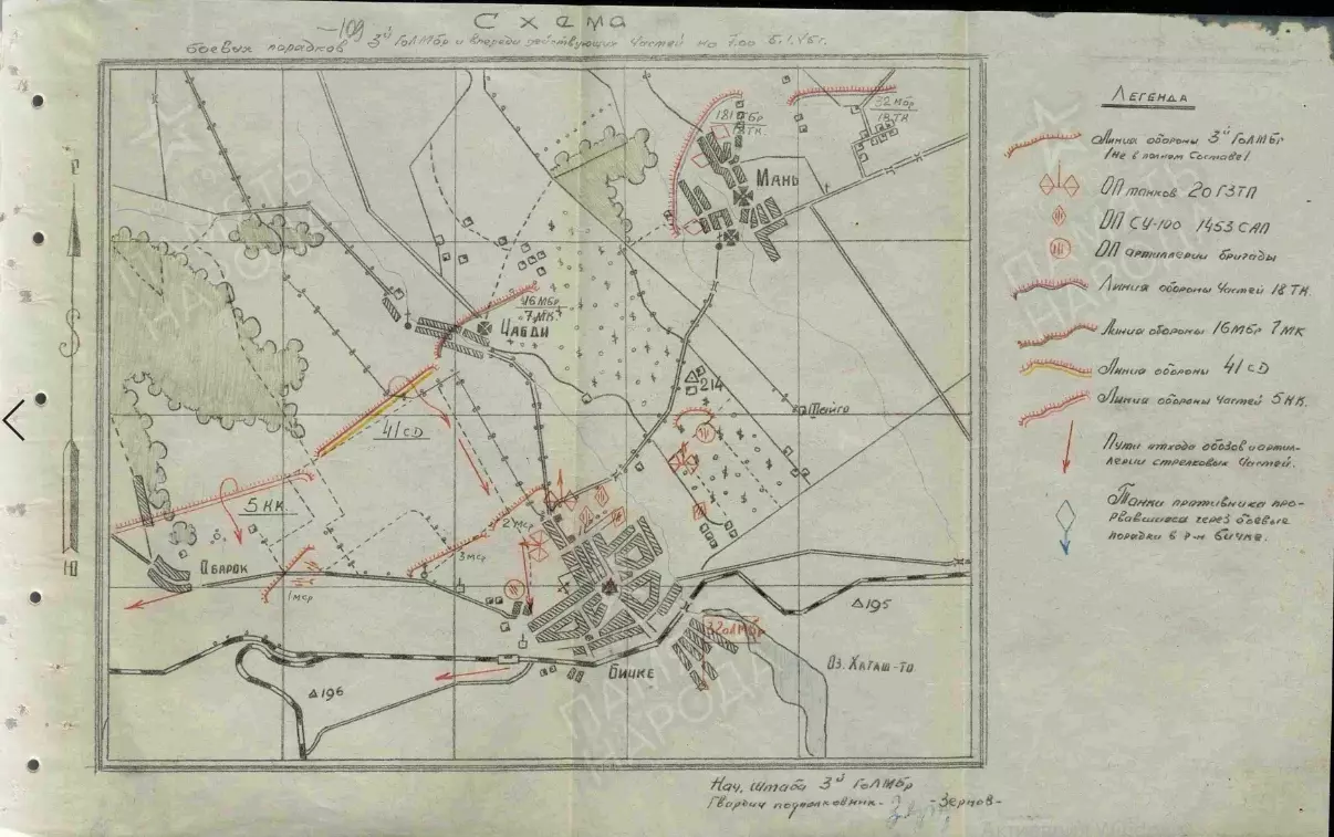 Esquema d'ordres de combat de la tercera Guàrdia Mechbrigada 1a GV.MK a la ciutat de Bichke el 5 de gener. L'esquema es veu clarament per la col·locació de la boca del tanc del 20è GW.TP i les bateries autopropulsadores de la SU-100 1453a SAP