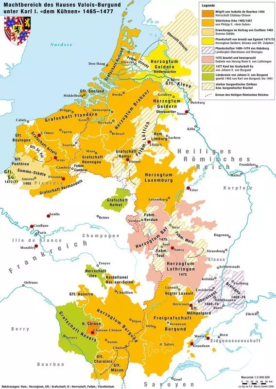 Mapa Burgundii, 1477 roku. wikimedia.org.