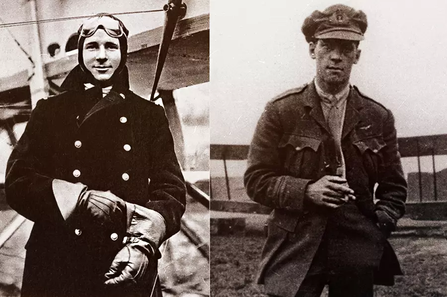 Let Potručnik Warneford (lijevo, fotografija 1915). Pretvorio se u RNAS 10. februara 1915. i već 25. februara dobio je pilot diplomu. 7. maja stigao je u prvu eskadrilu Rnas, čineći prvu borba odstupanja do dana kasnije. Desno skVadron-Commander Grey (snimak 1916)