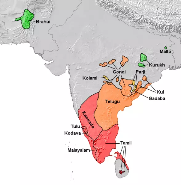 Dravids sur la carte de l'Inde, la zone de règlement.