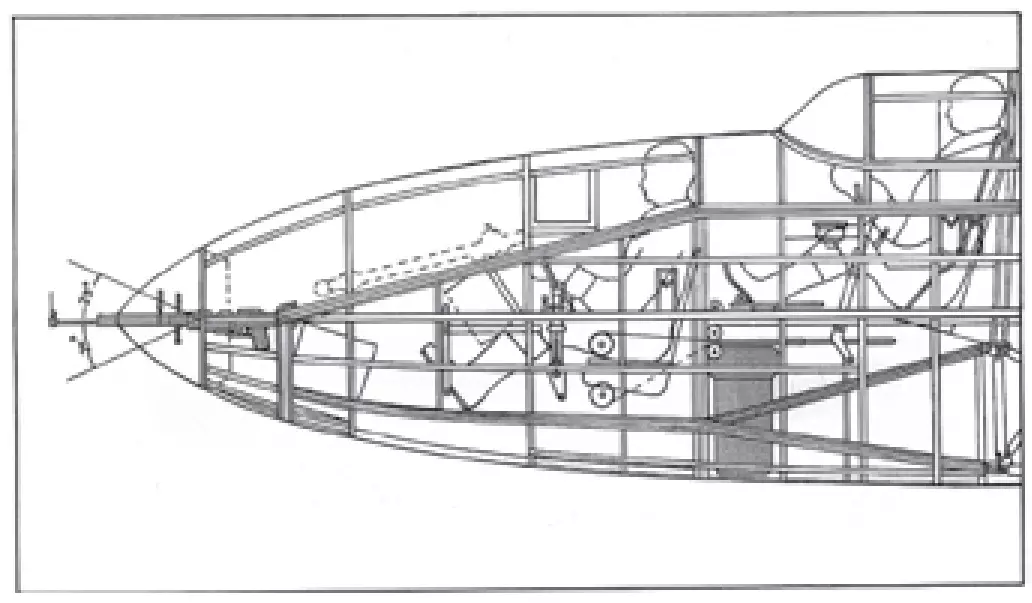 Installasjon av maskinpistolen Cabcas i Assault Cabin. Bak setet til Navigatoren er synlig av AFA. (Behandlet fragment av Design Layout tegning). Rgae.