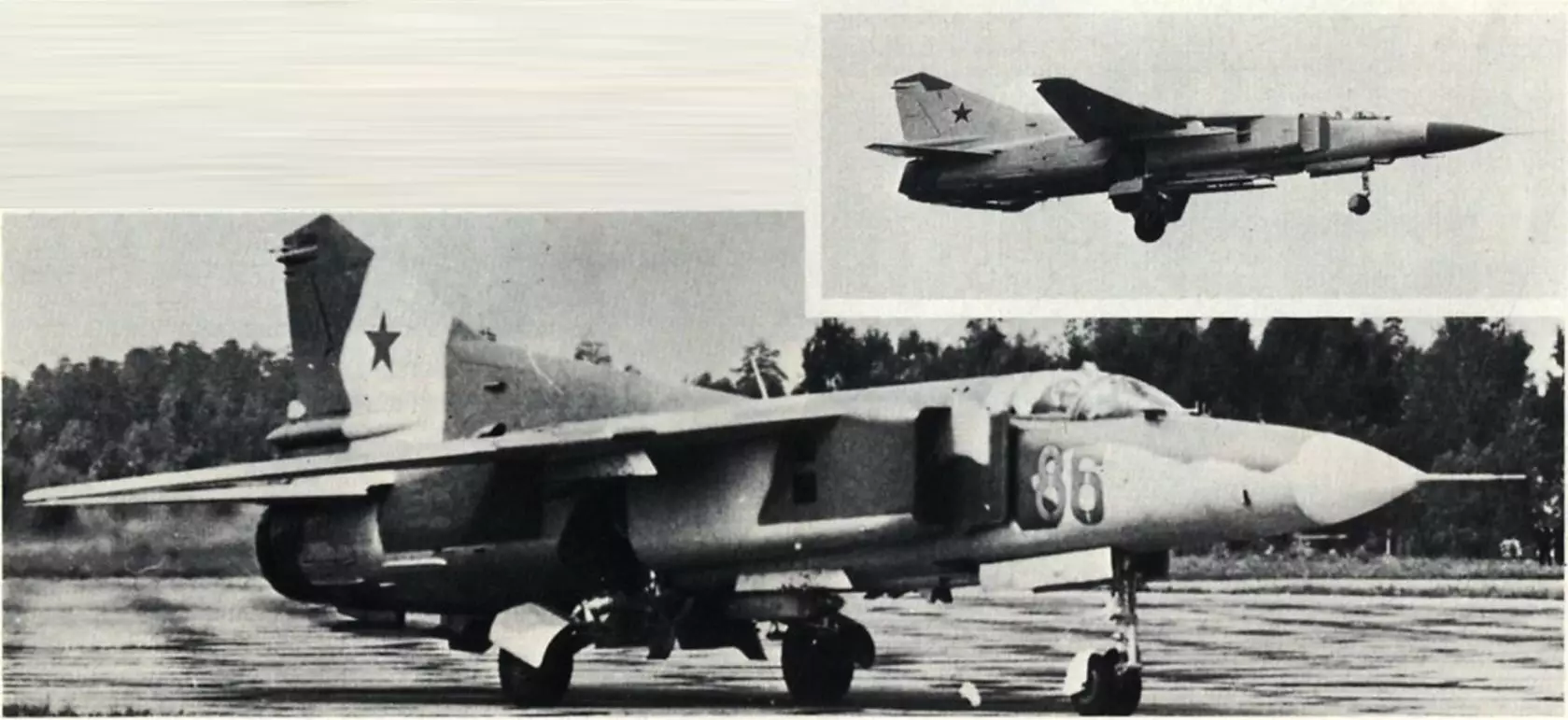 Eine Reihe der Nahostländer erhielt die Exportversion des MIG-23S-Kämpfers (Flogger-E), das kleiner ist als die Definition der RLS-Antenne (vermutlich auf Flogger-E, einem weniger wirksamen RLS-Jay-Vogel und das Fehlen von Ein Laser-Rangfinder wird hergestellt. Das auf dem Boden der Fotokollage dargestellte Ebene wurde letztes Jahr in kubanischer Fotografierung fotografiert, als er angeblich im Prozess der Übertragung an den Nahostkunden angeblich war oder war, um ausländische Piloten umzusetzen. Der MIG-23S-Kämpfer (Flogger-B) einer der ersten Produktionsserien ist in der oberen linken Ecke gezeigt; Die Maschine ist mit dem Flügel in der Position von minimalem Sweatshirt (17 Grad) gezeigt