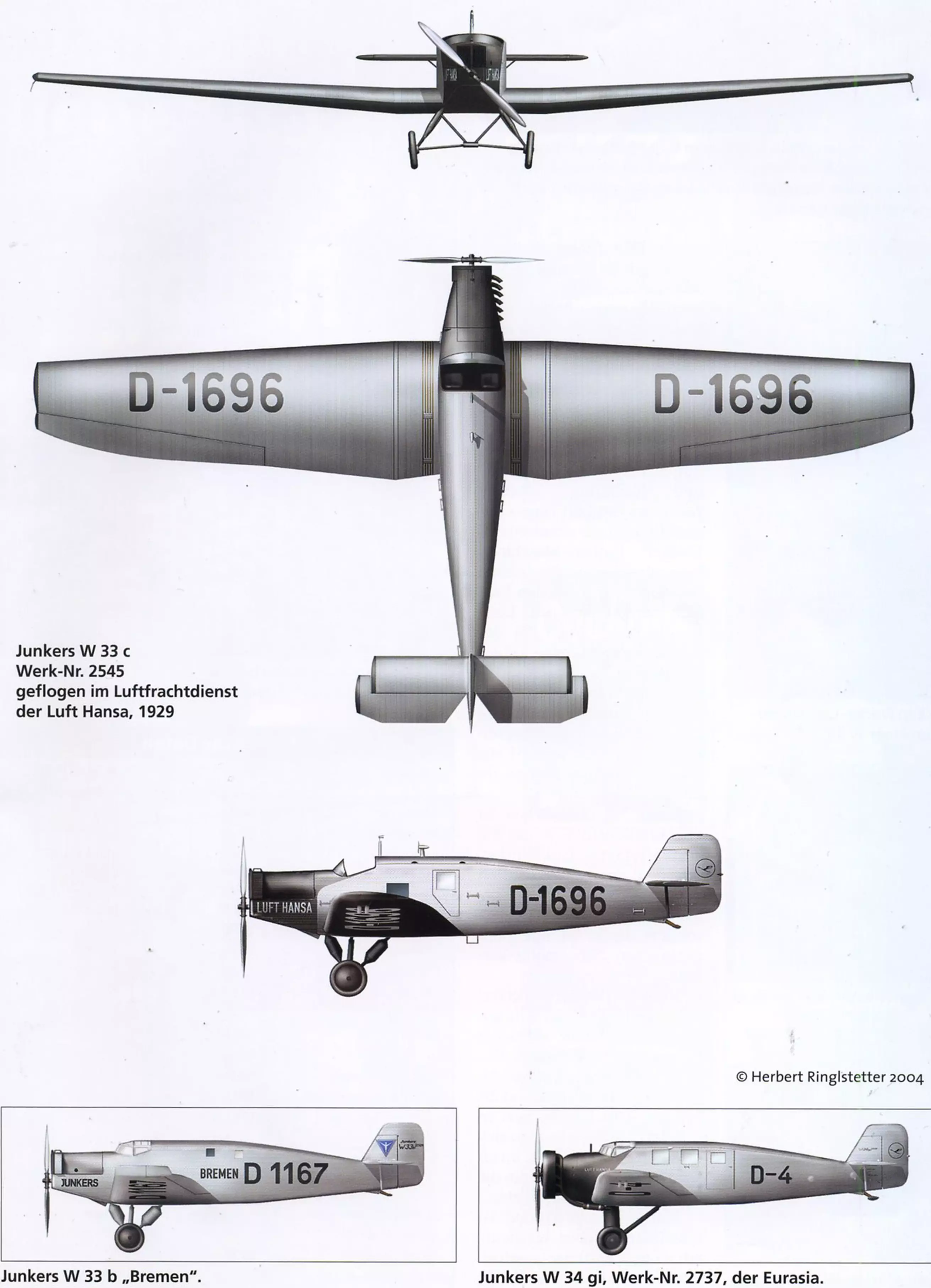 מטוס Junkers W 33 C (מספר המפעל 2545) במסגרת חברת התעופה Luft Hansa מוגש עבור הובלה מטענים; 1929 שנה. מטוס Junkers W 33 B Bremen; Junkers W 34 GI (מפעל מספר 2737) מ Eurasia חברת התעופה