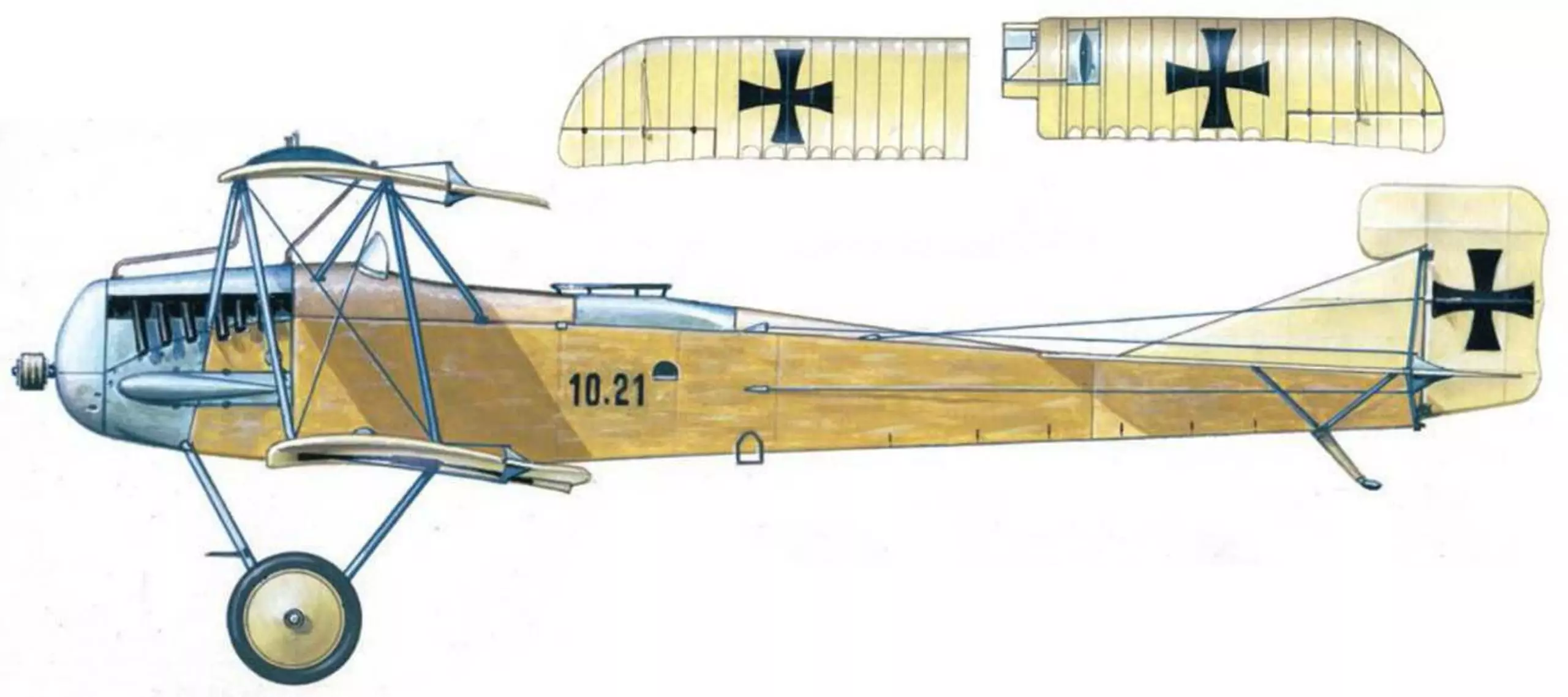 原型Lohner 10.21（Neu）没有携带伪装颜色;所有表面（网，胶合板，铝板）覆盖着透明的清漆。识别标志 - 黑色十字架 - 没有白色边缘并且施加到方向的车轮，顶翼的上表面和下翼的下表面