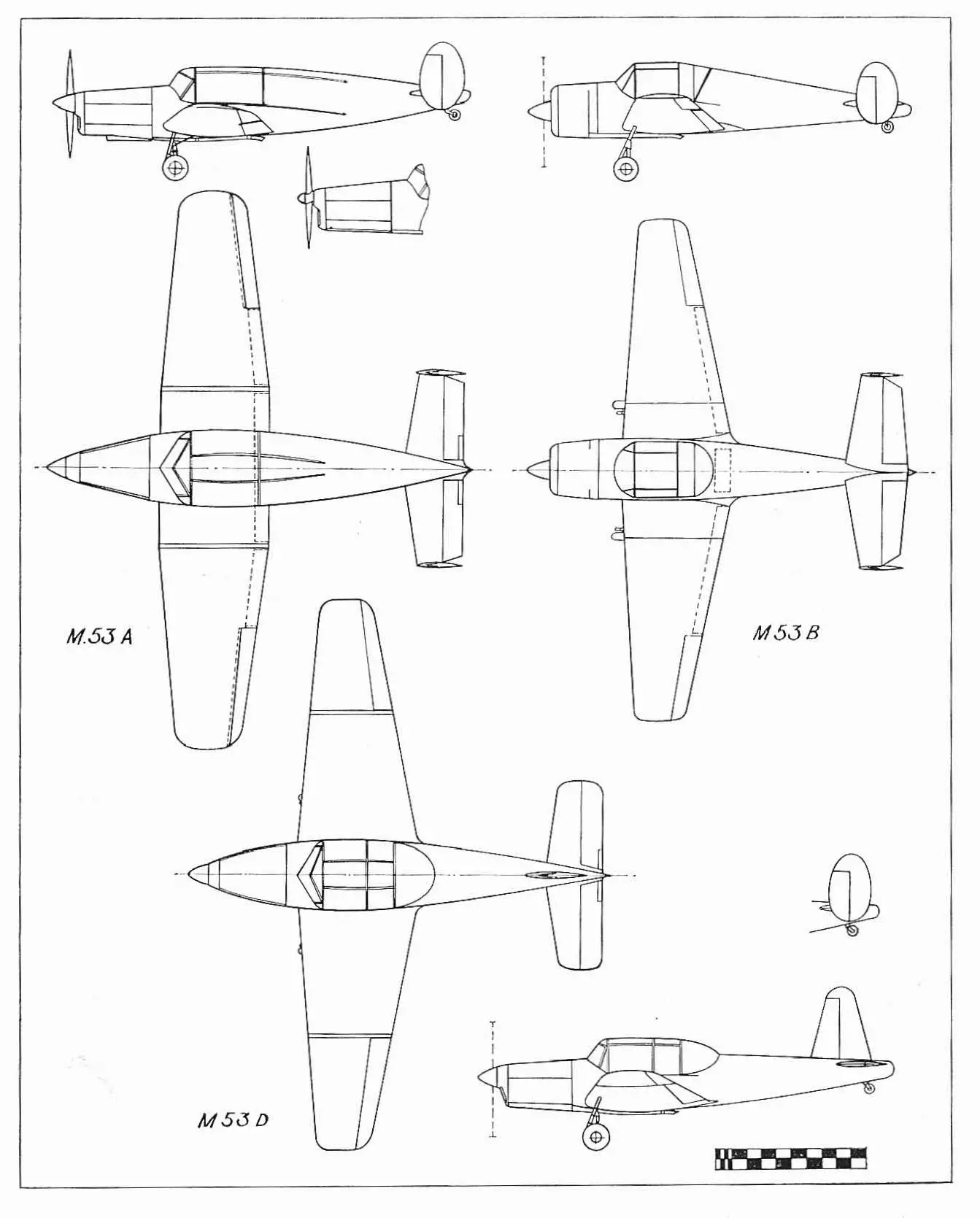 Schema's van de projectopties voor de Miles M.53-trainingsvliegtuigen. M.53D was veel van vergelijkbaar met M.53C en was er anders van, en geen verenkleed met twee bot. De inzet toont de vorm van de kiel van het staartvervoer M.53C