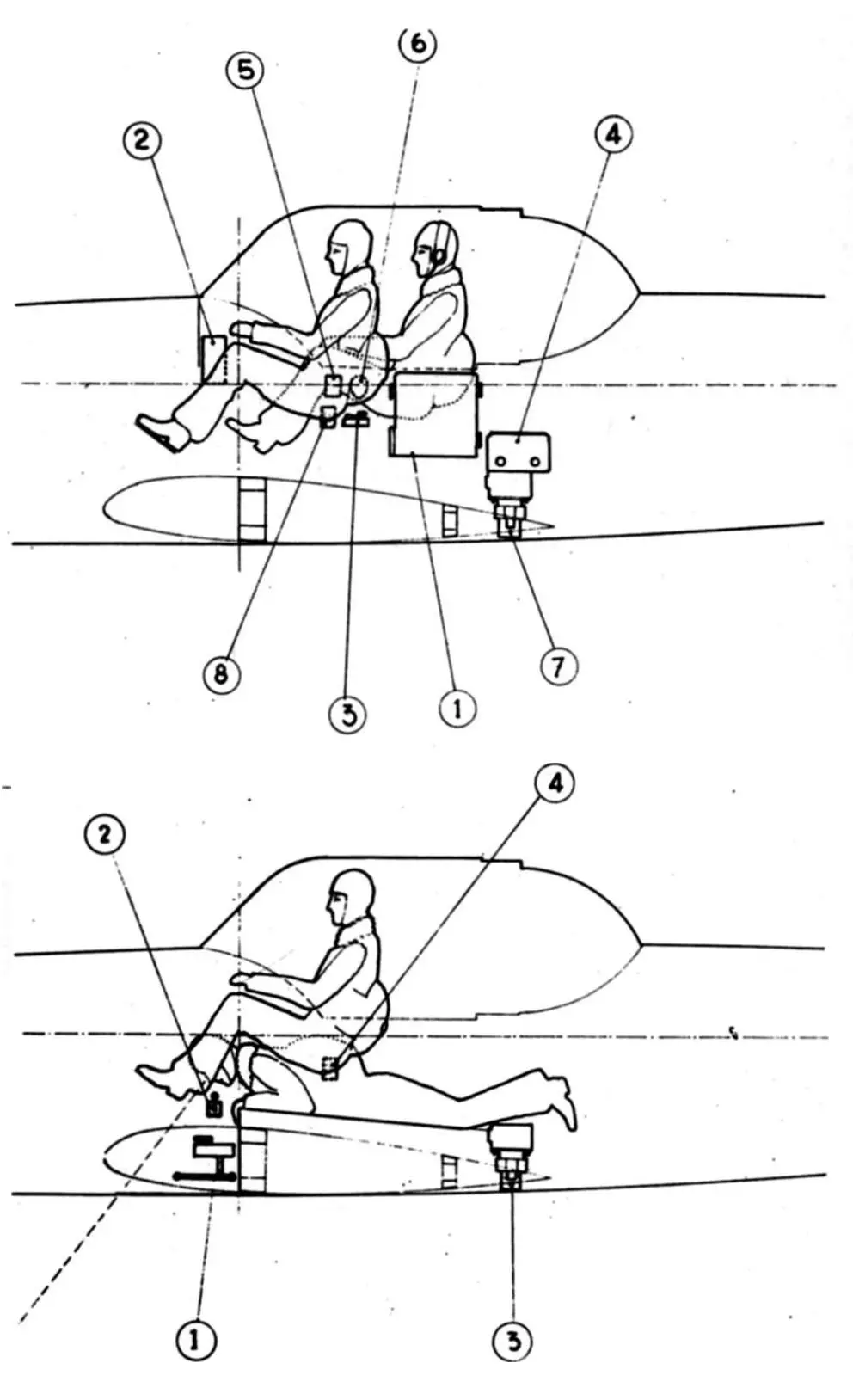 вгорі: розміщення екіпажу двомісного варіанту з допоміжним обладнанням: радіоприймач (2), радіопередавач (5-6), фотокамера (4); внизу: розміщення другого члена екіпажу в положенні лежачи для виконання прицілювання при бомбометання (1/2) і фотографування (3)