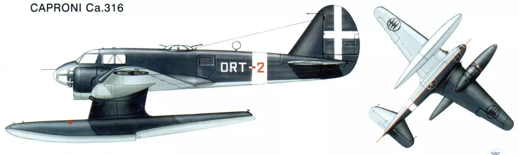 CAPRONI-BERGAMASCA CA.316 Serial Float Flapates CAPRONI-BERGAMASCA CA.316 Recibiu un camuflaje de aviación estándar da flota italiana. As superficies superiores e laterais do hidroavión foron pintadas nunha cor grisálica escura (Grigio Azzuro Scuro 3) e no fondo da cor gris-azul-verde (Grigio Azzuro Chiaro 1). A imaxe na figura ca.316 ao final da guerra foi utilizada na escola de observadores de Ortobello. O nome abreviado da base (Ort) aplícase ao lado do fuselaje da pintura branca, o número de secuencia aplicouse a pintura vermella. Os tipos de signos identificados de signos de identificación móstranse nos semi-invadidos de arriba a continuación. O círculo de fuselaje con fascia está pechado polo motor