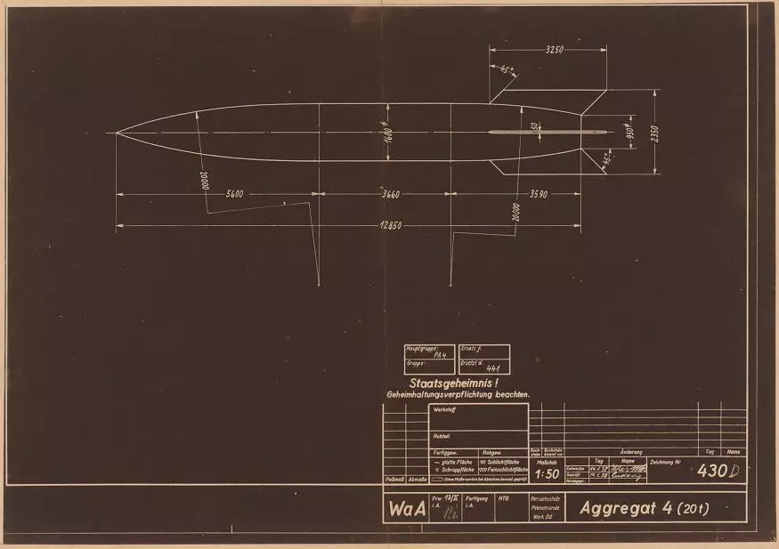 Balstic Rocket Rocket A-4: n yleinen piirustus vuoden 1938 hankkeessa. Digiper.de.