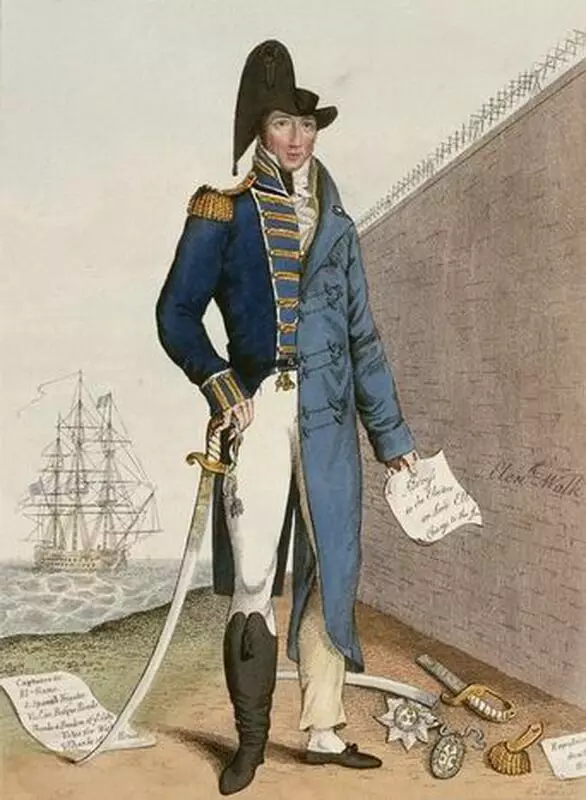 Karikatuur van 1815 op Thomas Cochrane en een grote fraude op de beurs van 1814. De linker helft van het lichaam laat zien hoe dingen eerder waren: Cochrane is afgebeeld in de vorm van een maritieme officier. De rechterhelft toont aan hoe de dingen nu zijn: Cochrane is afgebeeld als een civiel zonder tekenen van verschillen en regalia, zijn sabel is gebroken, de epolutes en bestellingen worden weggenomen, en de gevangenis van de gevangenis in de buurt. wikimedia.org.