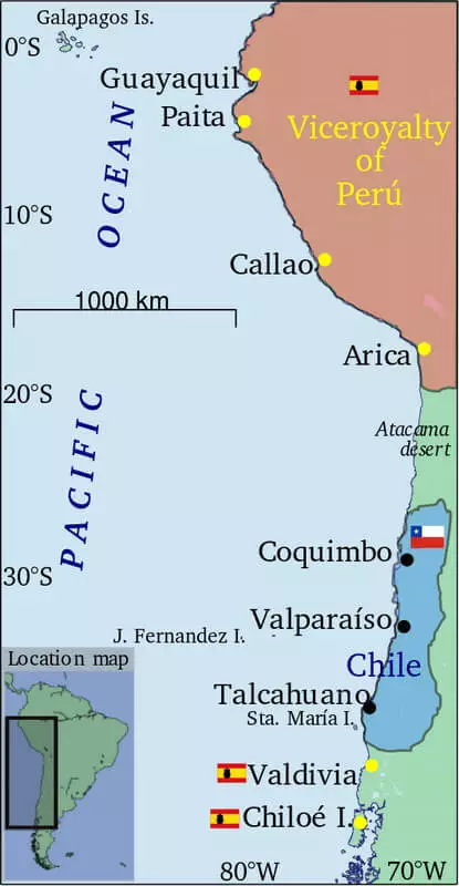 Arfordir Chile, a reolir gan y gwrthryfelwyr, ar gyfer 1817. Wikimedia.org.