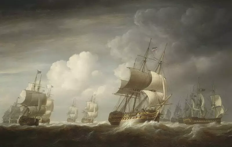 Het British East India Company keert terug uit China, 1802. Het is vermeldenswaard dat het simpelweg wordt geverfd door de schepen van de schepen van de schepen, de wapens bevinden de wapens alleen op de bovenstecks ​​en superstructuren om zoveel mogelijk vracht te nemen. wikimedia.org.