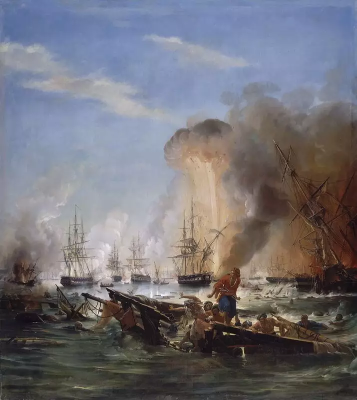 การระเบิดของเรือรบอียิปต์ในระหว่างการต่อสู้ของ Navarino wikimedia.org