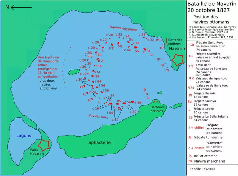 Ottomani laevade asukoht Navarino lahes. wikimedia.org.