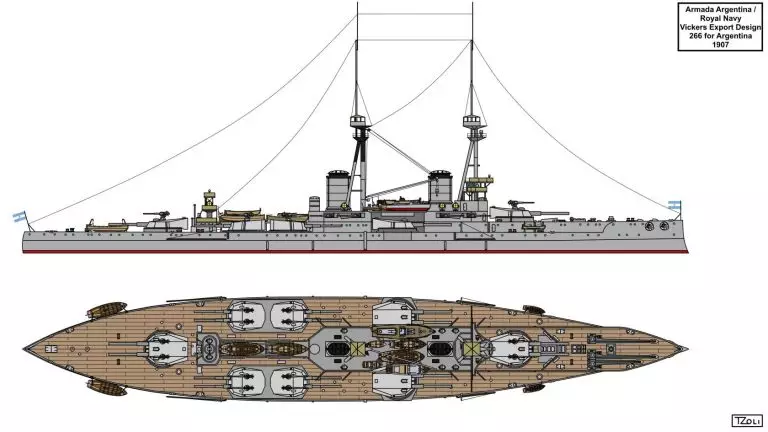 Nerealigita ŝipa potenco de Argentino. Dreadnought-projektoj de Vickers. Parto 1